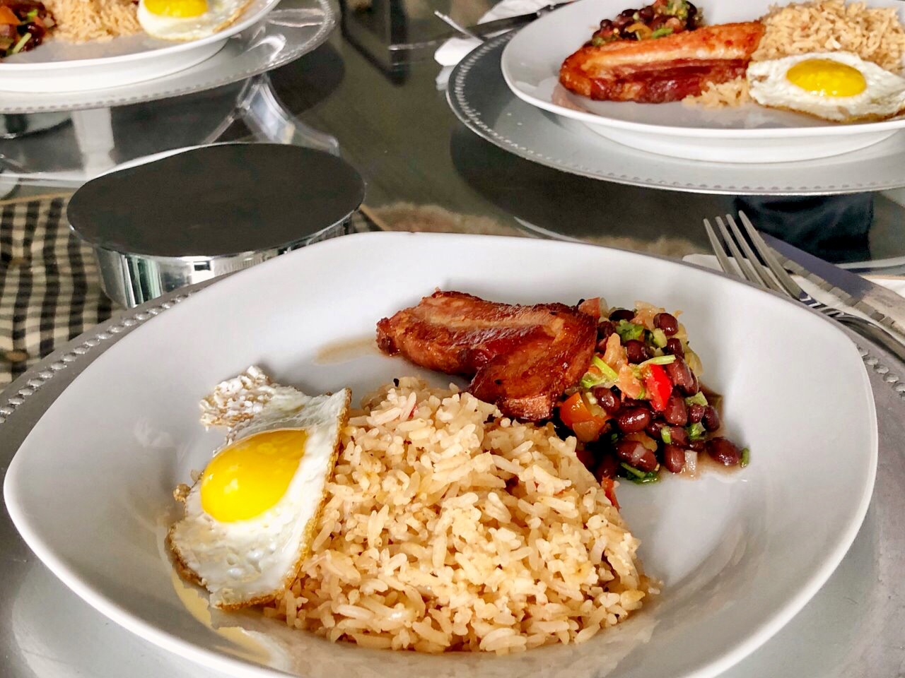 pork belly, egg w beans & rice